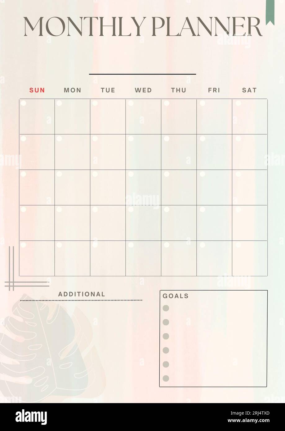 A monthly planner with days of the week and sections for notes and ...