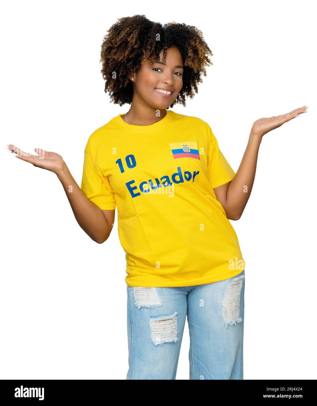Pretty female football fan from Ecuador with yellow jersey isolated on ...