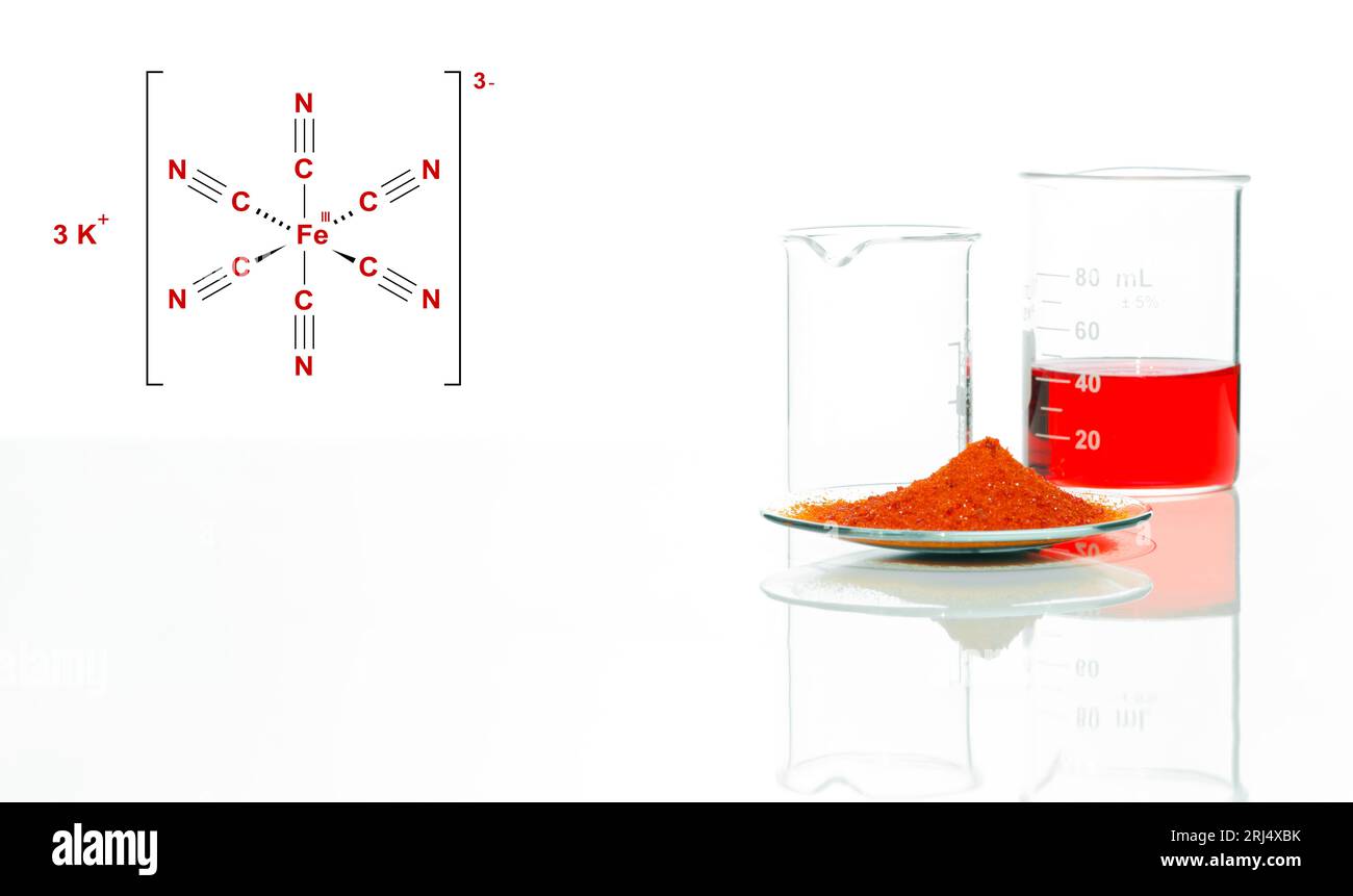 Potassium Ferricyanide in Chemical Watch Glass place next to red liquid ...