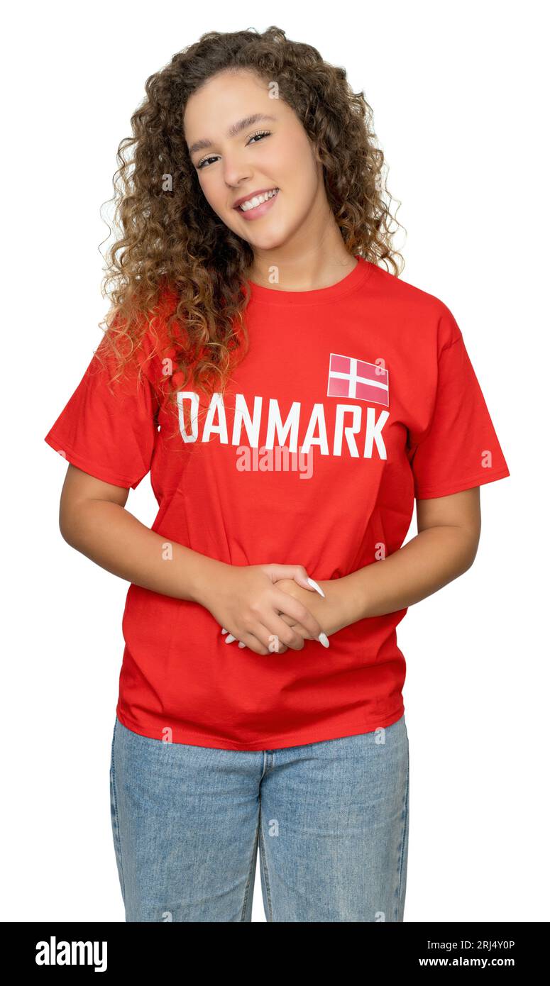Laughing female football fan from Denmark with red jersey isolated on ...