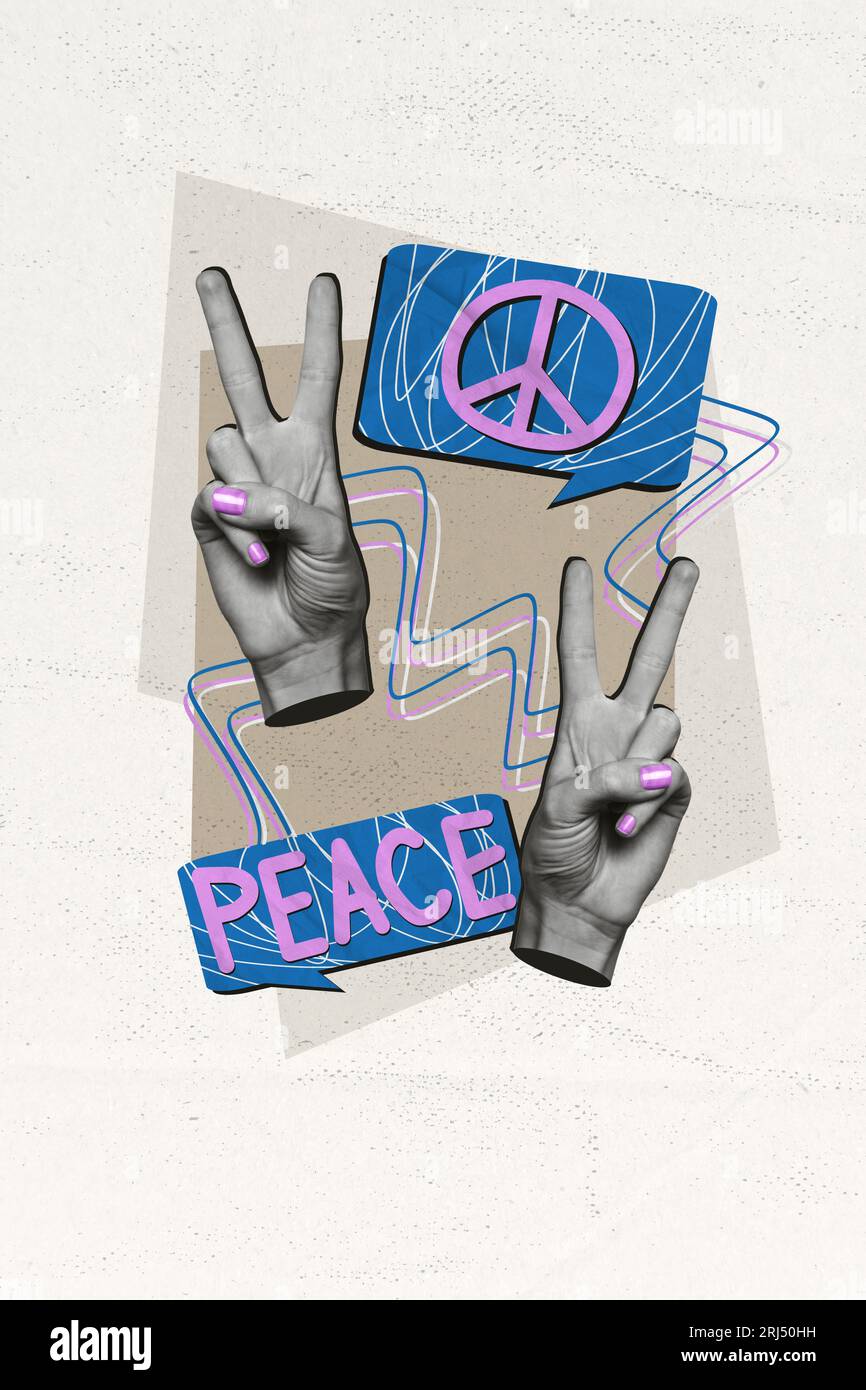 Vertical collage picture of black white colors arms demonstrate v-sign ...