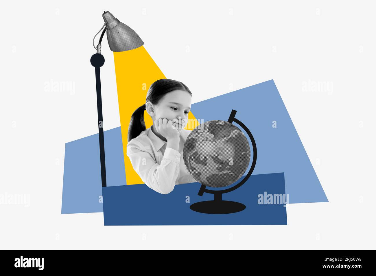 Photo collage little girl pupil learn geography country continent state ...