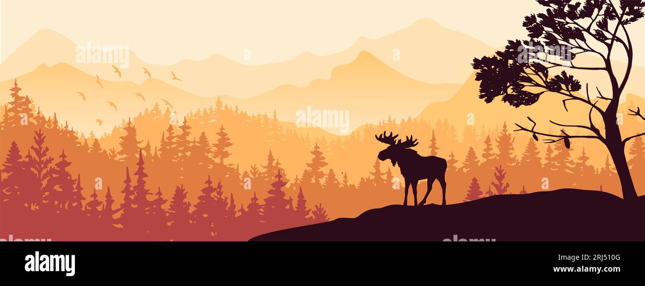 Silhouette of moose on hill. Tree in front, mountains and forest in ...
