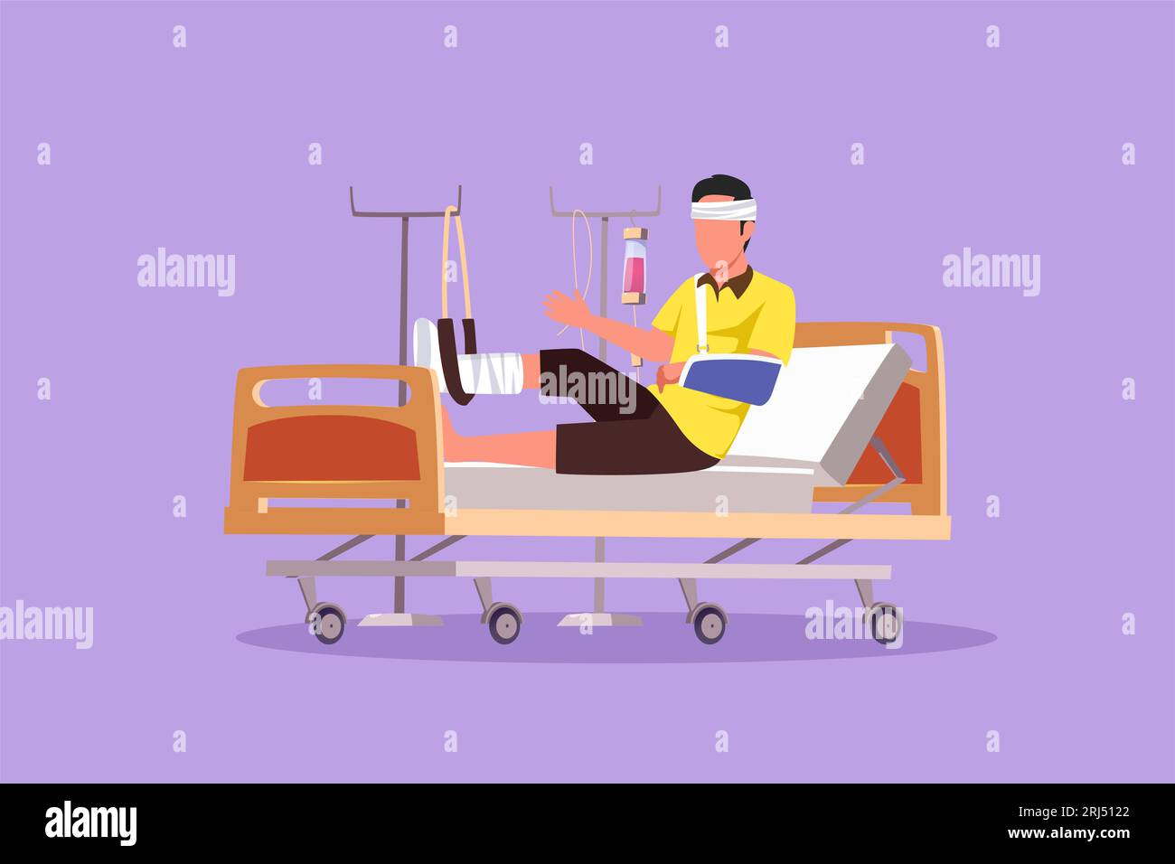 Graphic flat design drawing male patient with broken leg lying in ...