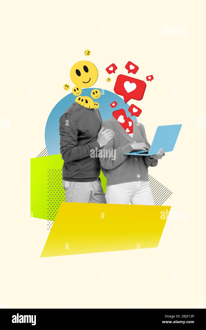 Vertical composite photo collage of headless people smile like instead ...