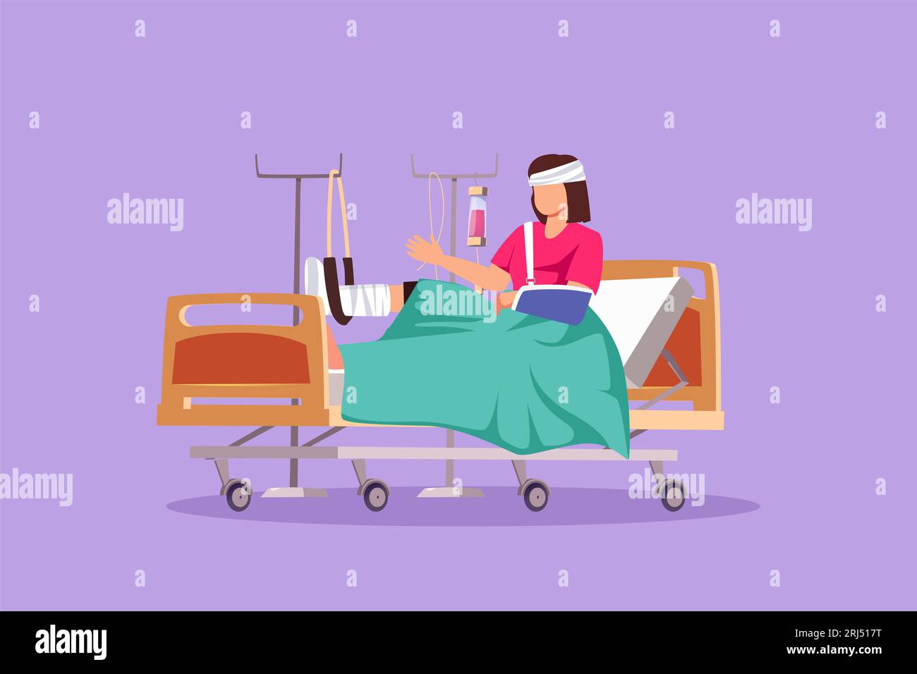 Graphic flat design drawing woman patient with broken leg lying in ...