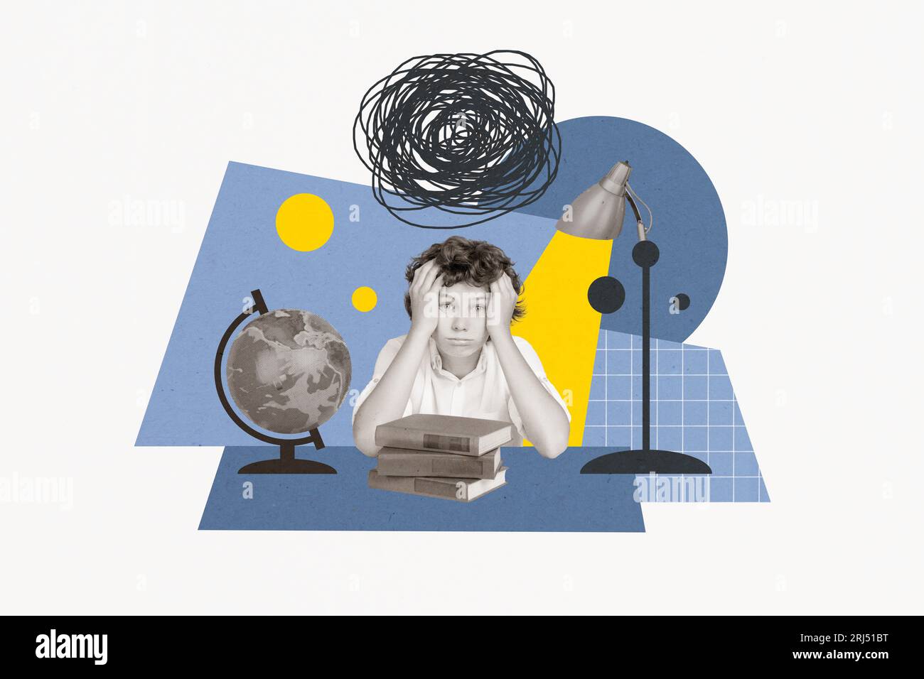 Collage photo picture of stressed schoolboy studying hands head ...