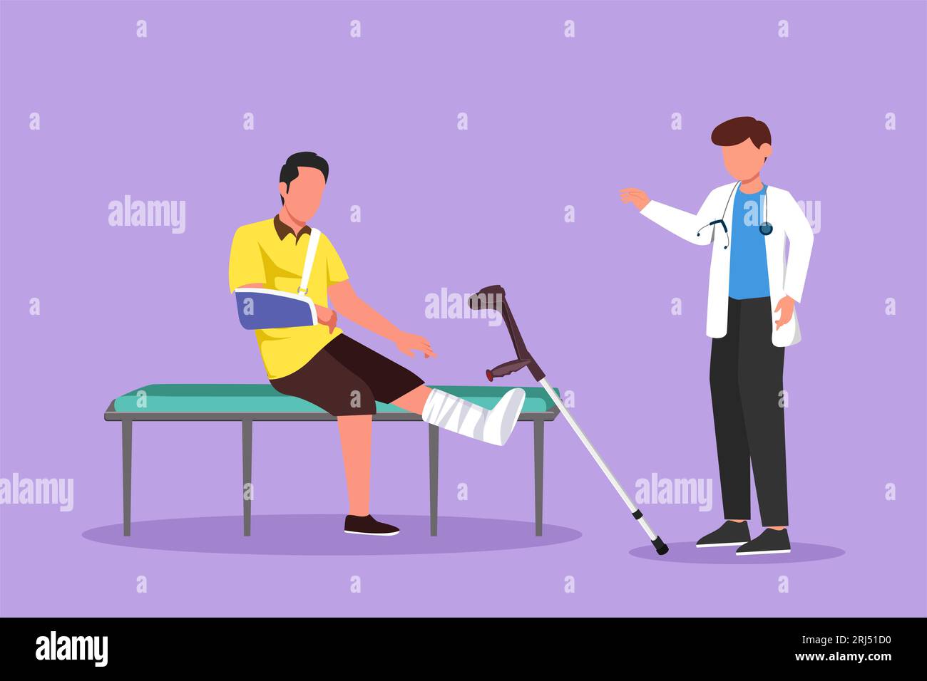 Cartoon flat style drawing leg fracture patient. Medical doctor talking ...