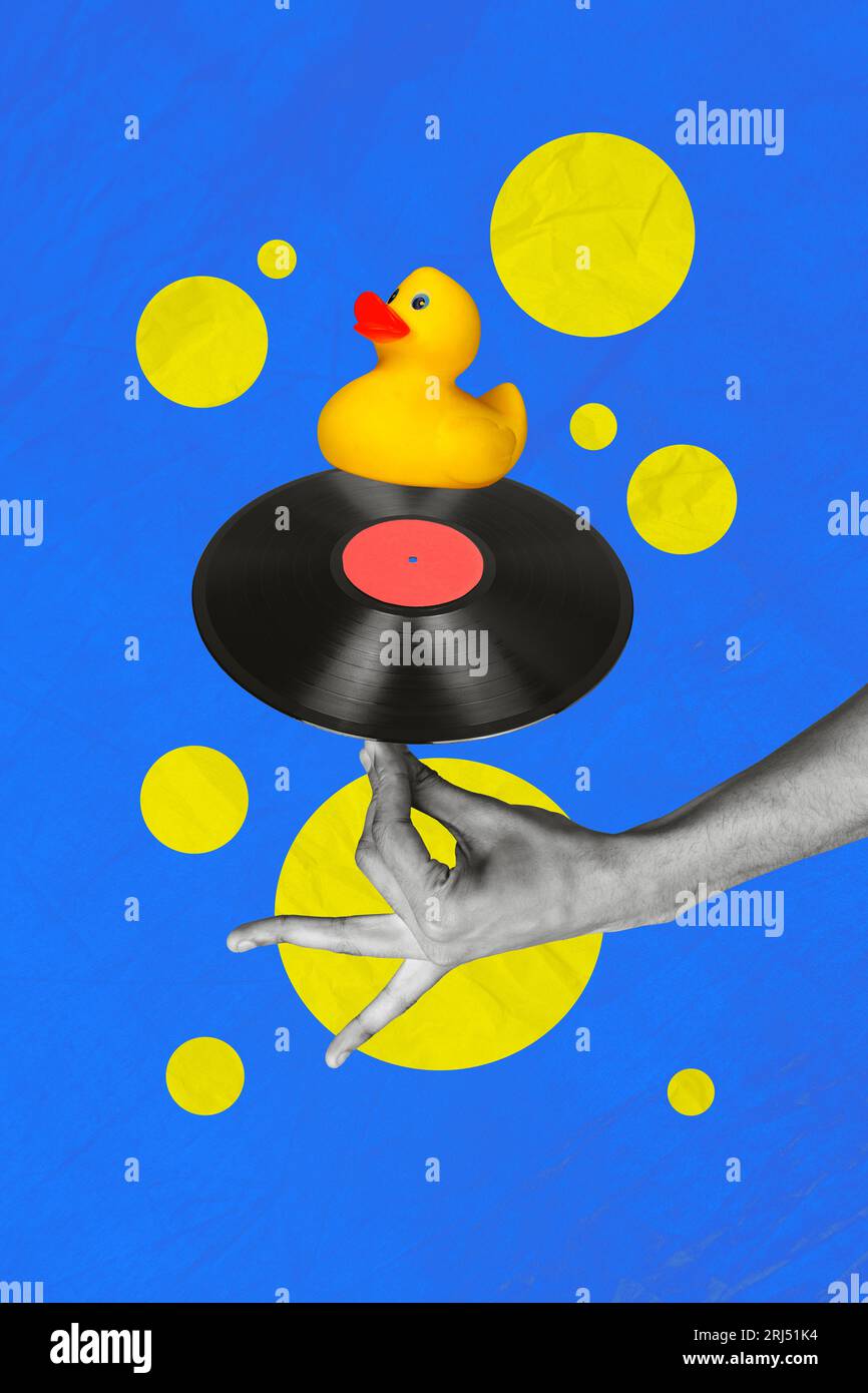 Picture collage poster of human arm hold vintage vinyl disc yellow ...