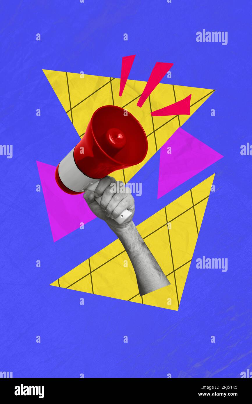 Collage photo poster picture of arm holding megaphone speech stop war ...