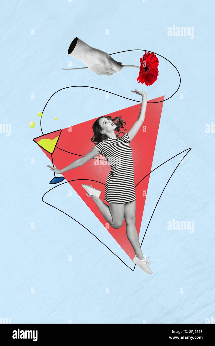 Postcard collage picture of funky crazy positive girl have fun jump up ...