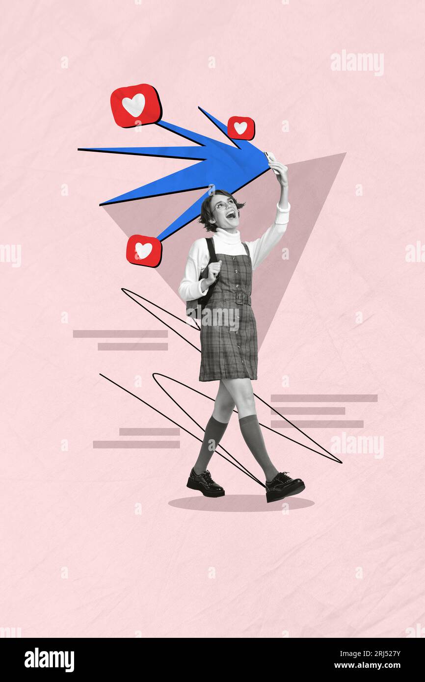 Illustration collage sketch of happy girl blogger walk talking ...