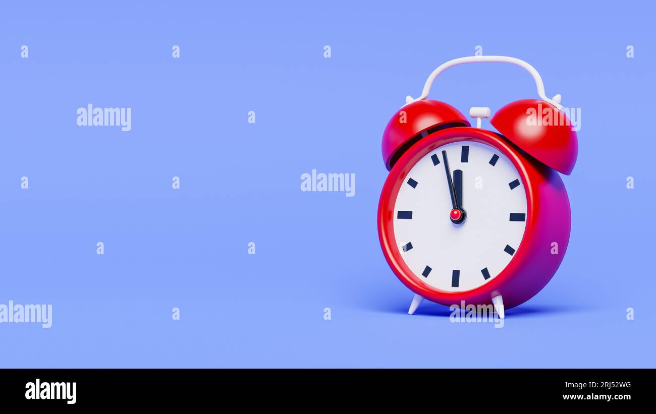 Small red alarm clock on blue background. 3d rendering. Copy space on ...