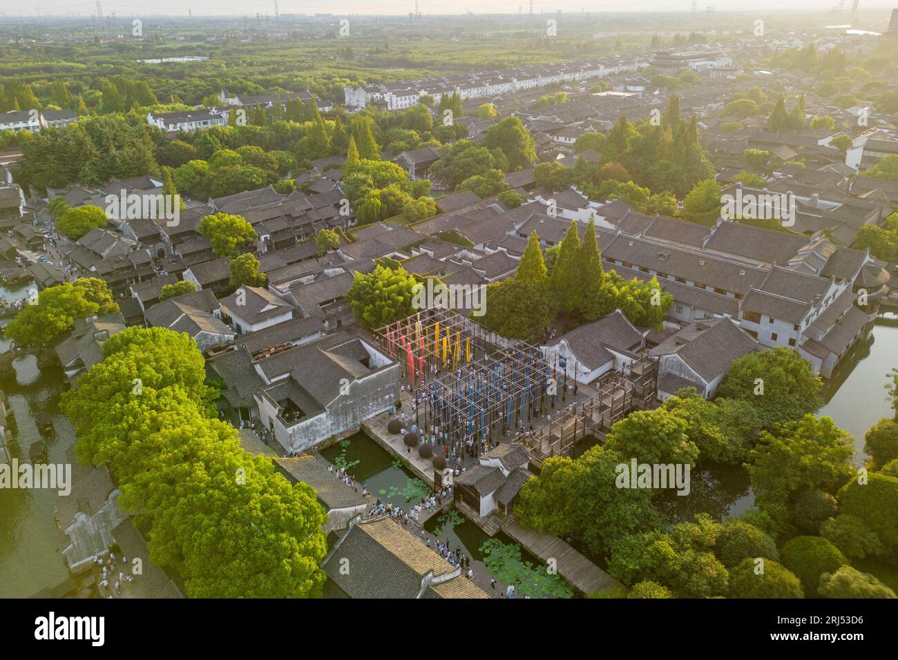 TONGXIANG, CHINA - AUGUST 19, 2023 - Aerial photo shows Wuzhen Ancient ...
