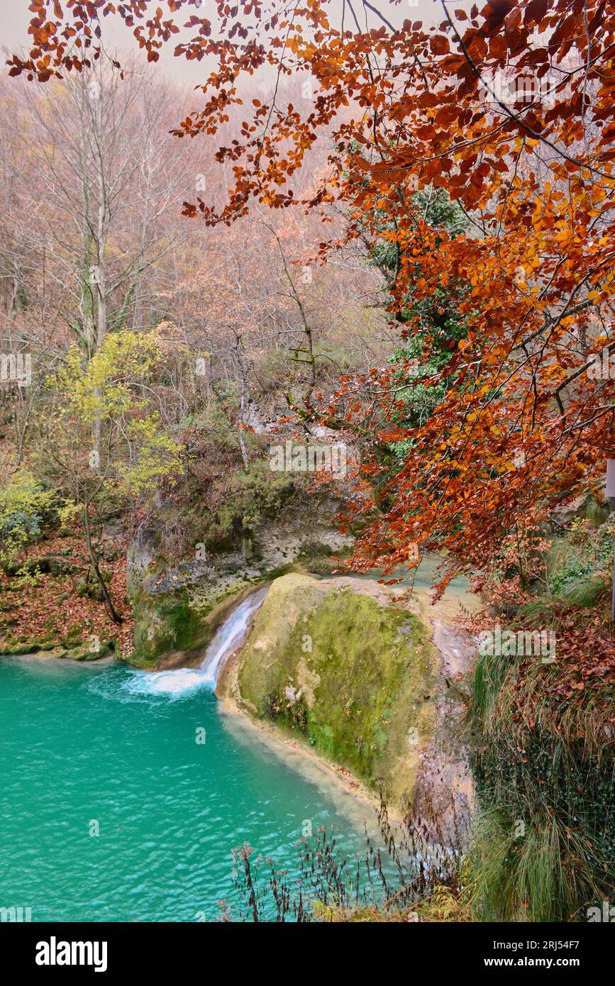 Turquoise water in the source of the Uderra River natural Park Urbasa ...
