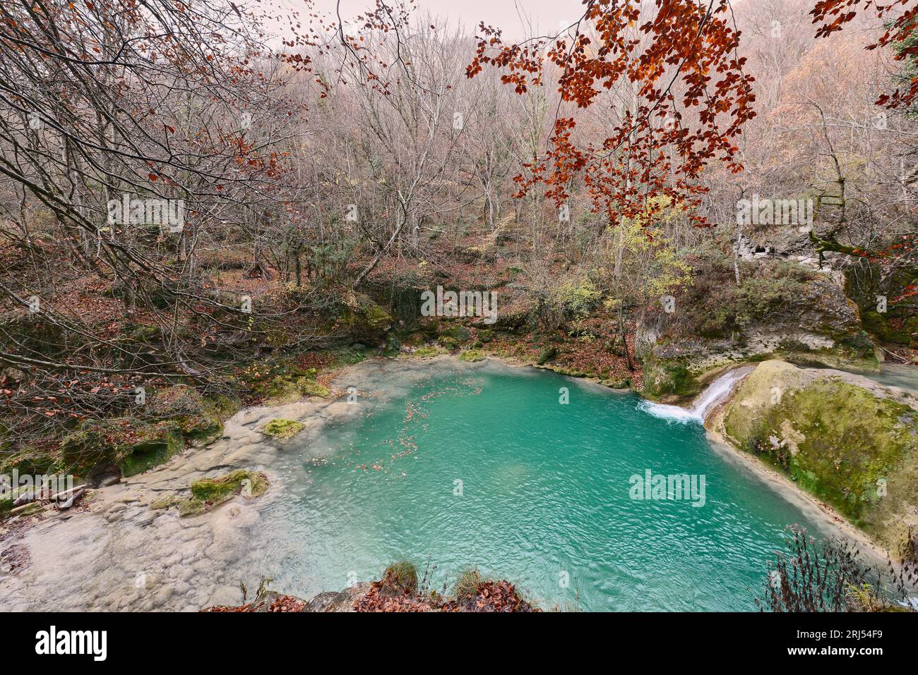 Turquoise water in the source of the Uderra River natural Park Urbasa ...