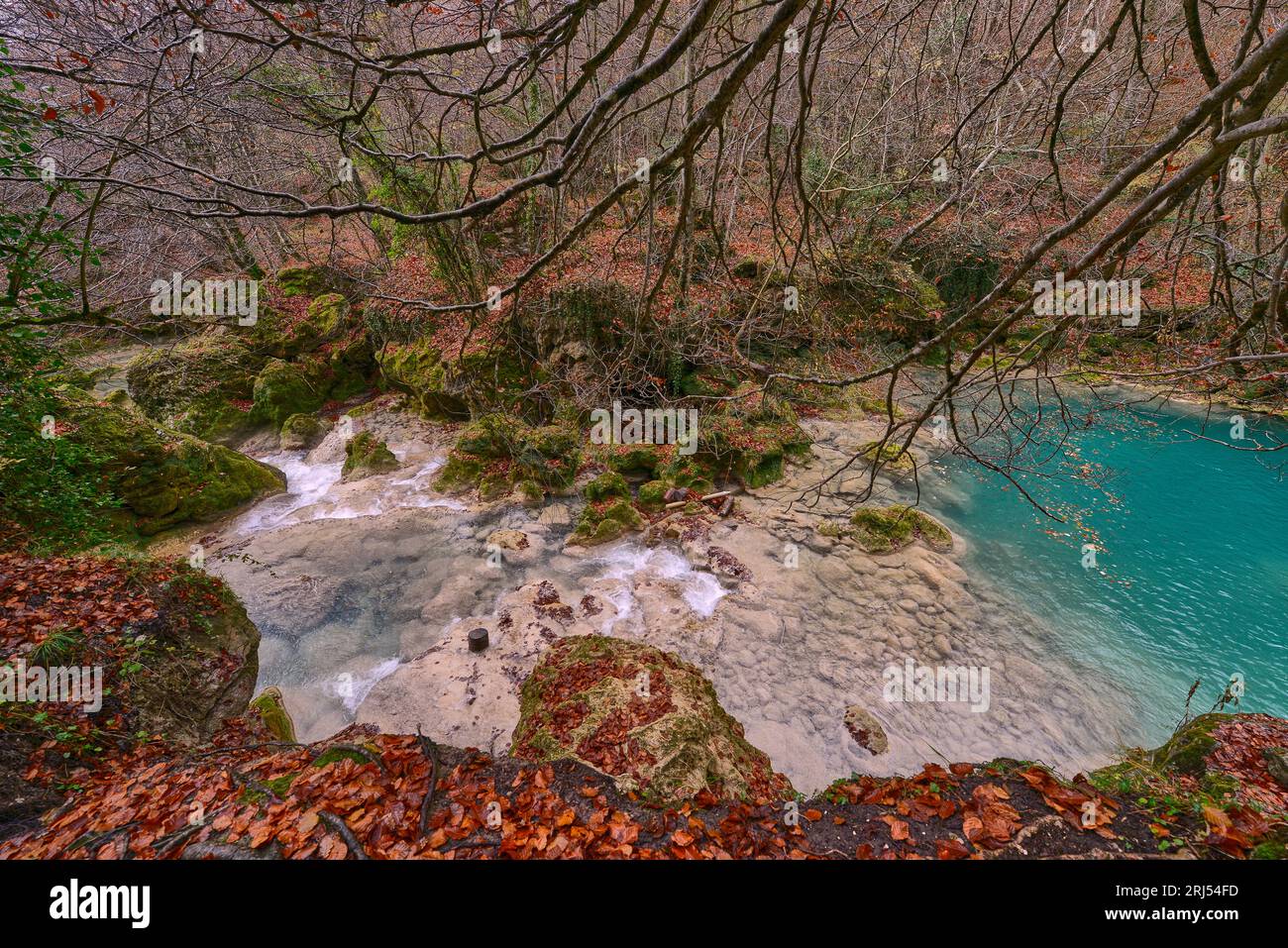 Turquoise water in the source of the Uderra River natural Park Urbasa ...