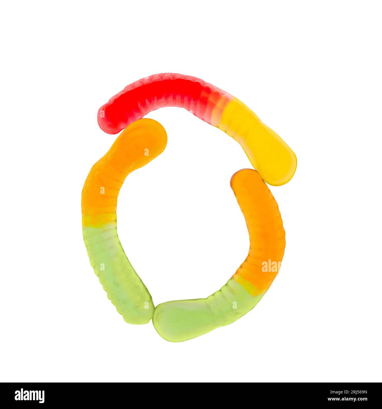 Letter O made of multicolored gummi worms and isolated on pure white ...