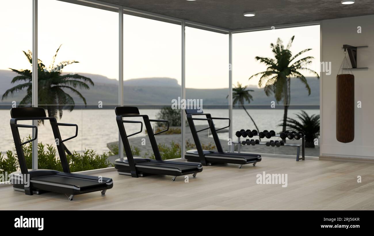 Interior design of a modern contemporary fitness with a beautiful ocean ...