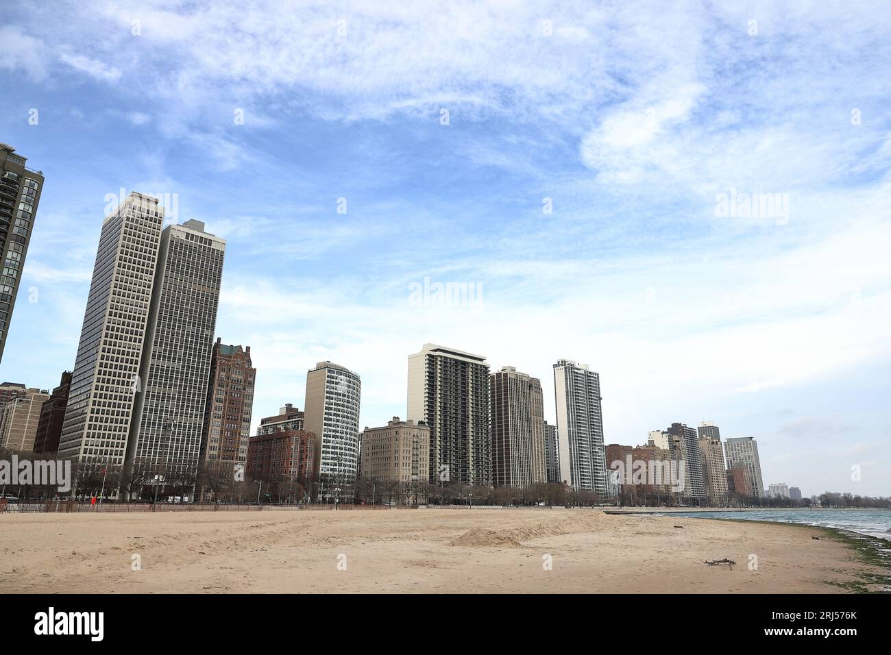 The view across Oak Street Beach towards the Chicago waterfront. The ...