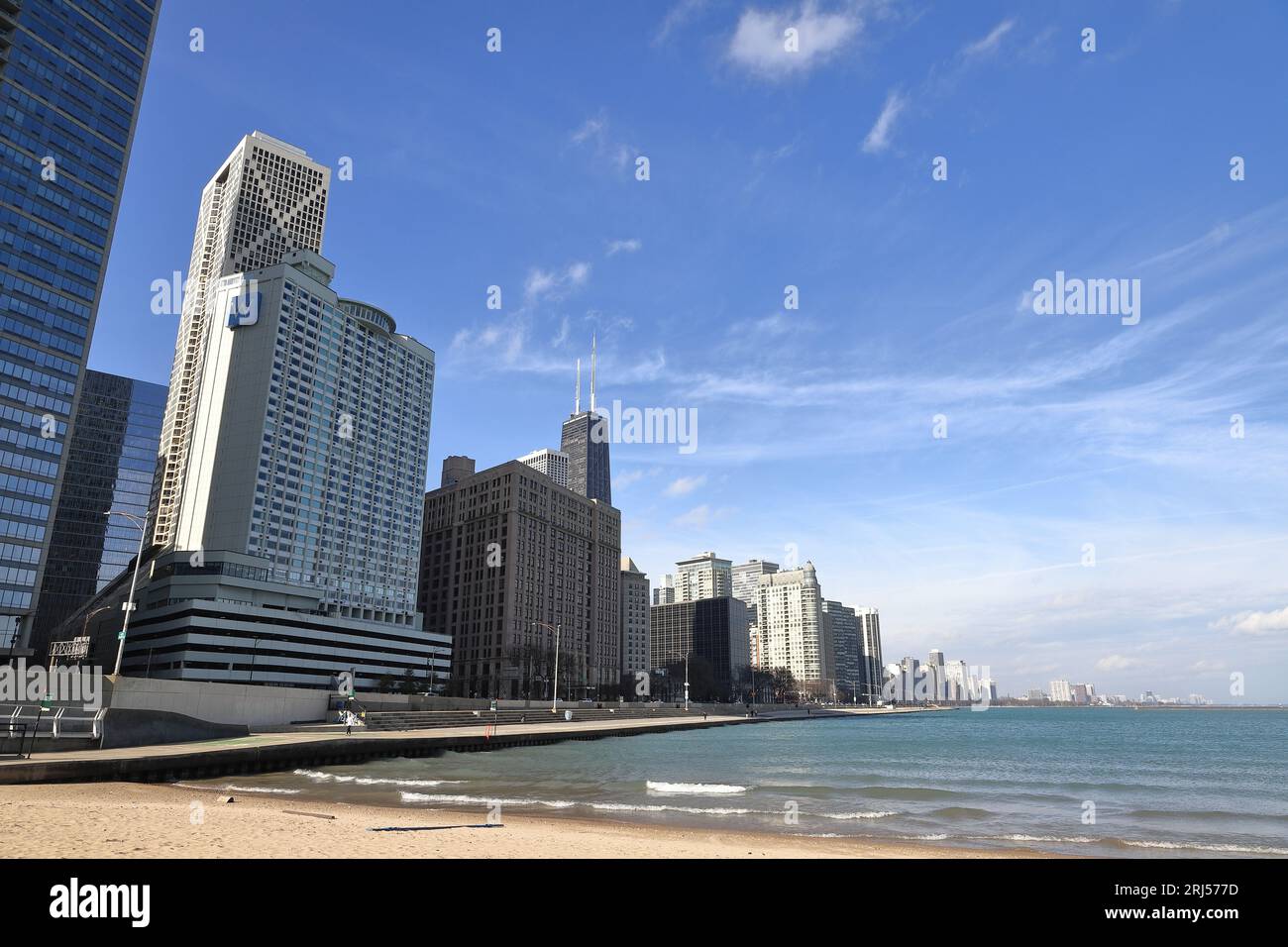 The view across Ohio Street Beach towards the Chicago waterfront. The ...