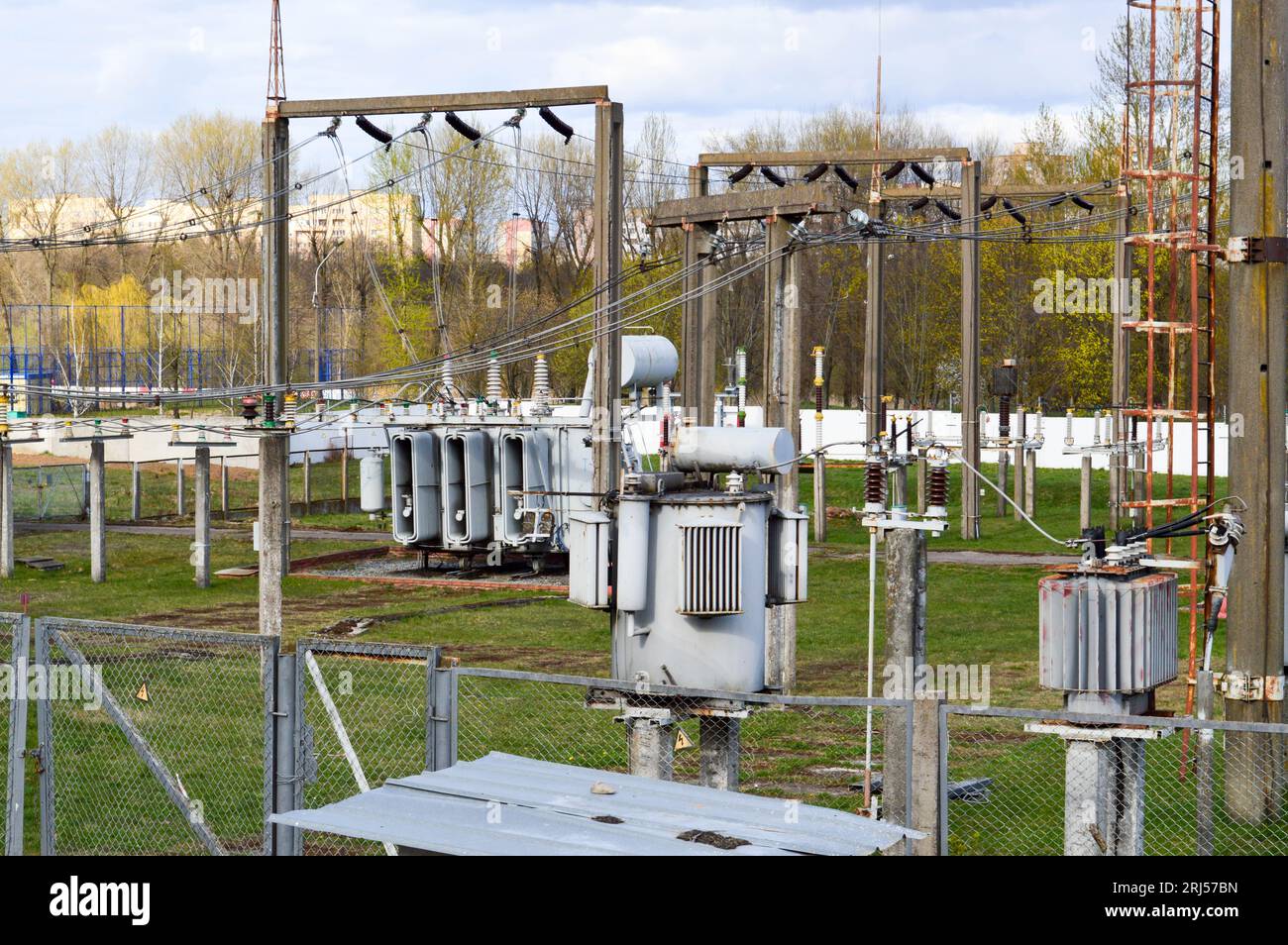 Large industrial iron metal transformer substation with transformers ...