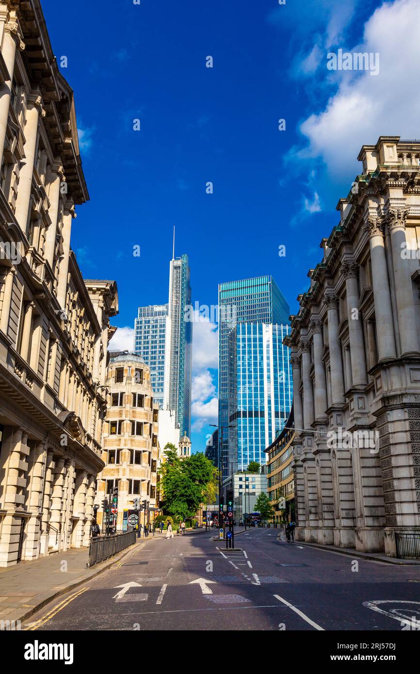 View of London Wall and Heron Tower and 100 Bishopsgate skycrapers ...