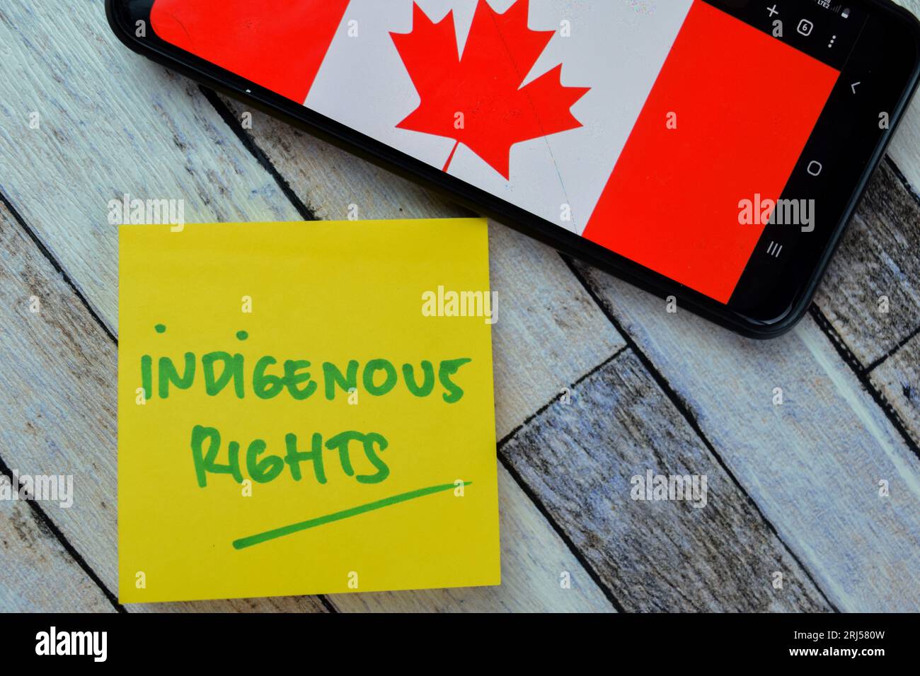 Concept of Indigenous Rights write on sticky notes with Canada flag ...