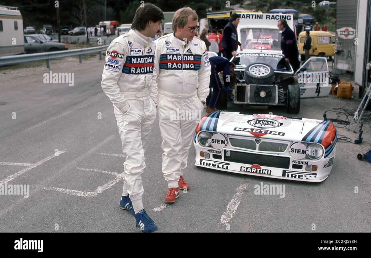 Henri Toivonen at a service stop for his Lancia Rally 037 Evo on the ...