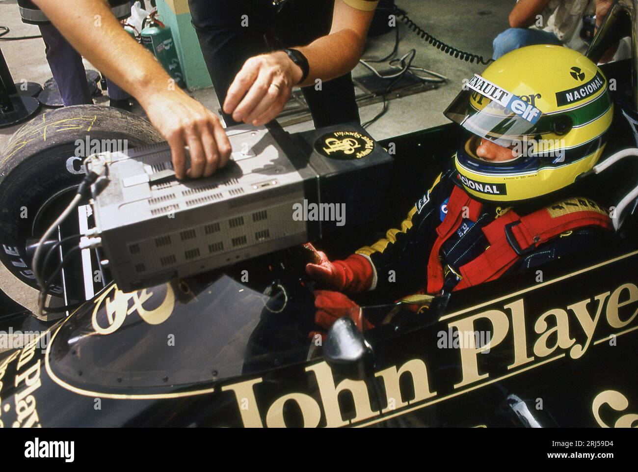 Ayrton Senna driving a Lotus Renault Turbo at the 1985 Portuguese Grand ...
