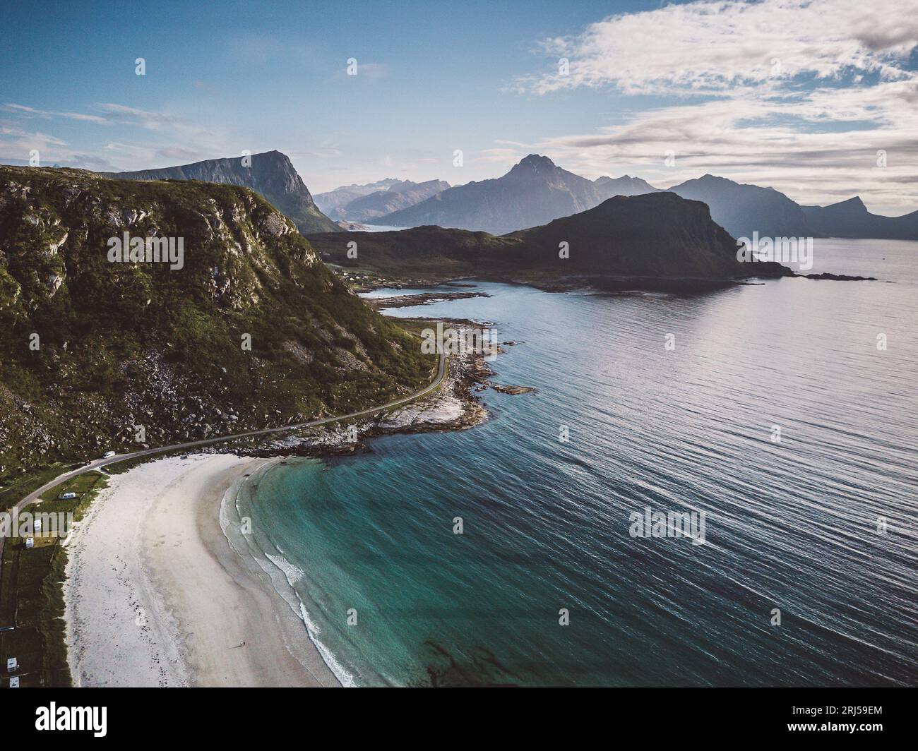 Aerial view of mountains, beach, coast line, road and trailers Stock ...