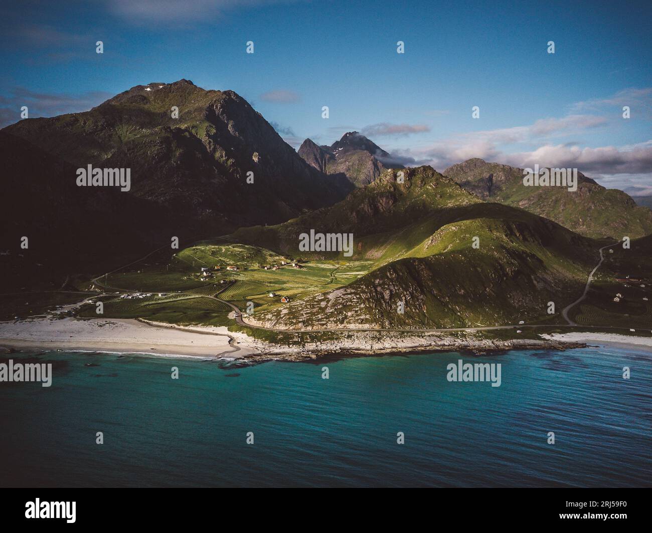 Aerial view of mountains, beach, coast line, road and village Stock ...