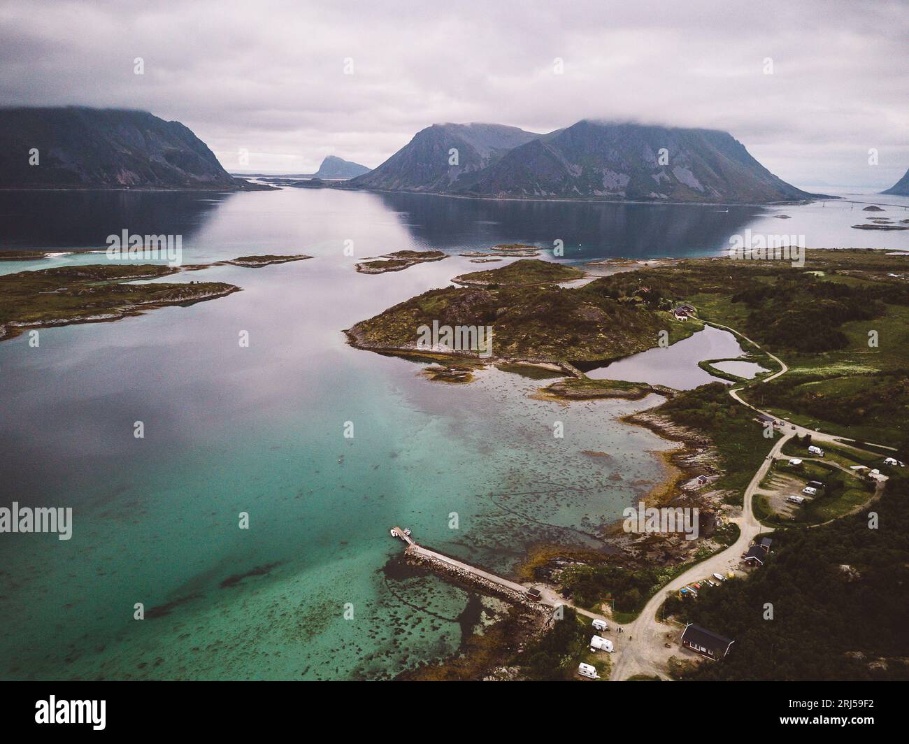 Aerial view of mountains, islands, coast line, roads and a pier Stock ...