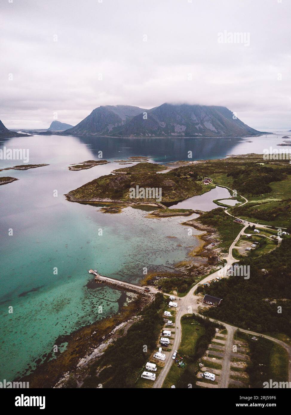 Aerial view of mountains, islands, coast line, roads and a pier Stock ...