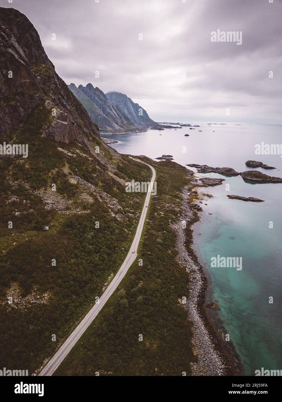 Aerial view of mountains, islands, coast line, roads and cars Stock ...