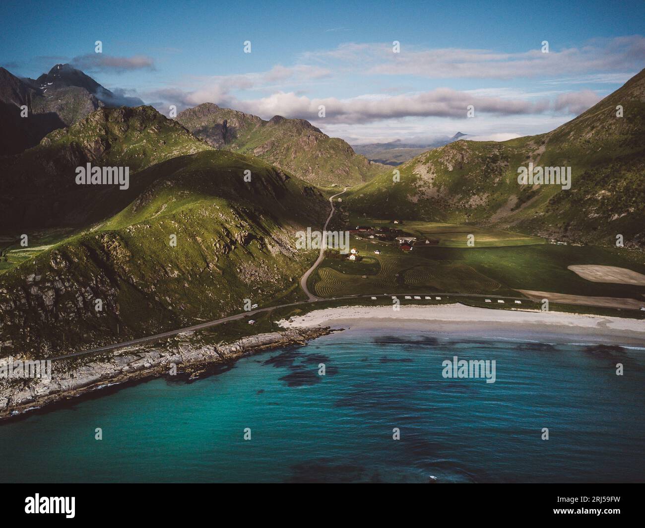 Aerial view of mountains, beach, coast line, road and village Stock ...