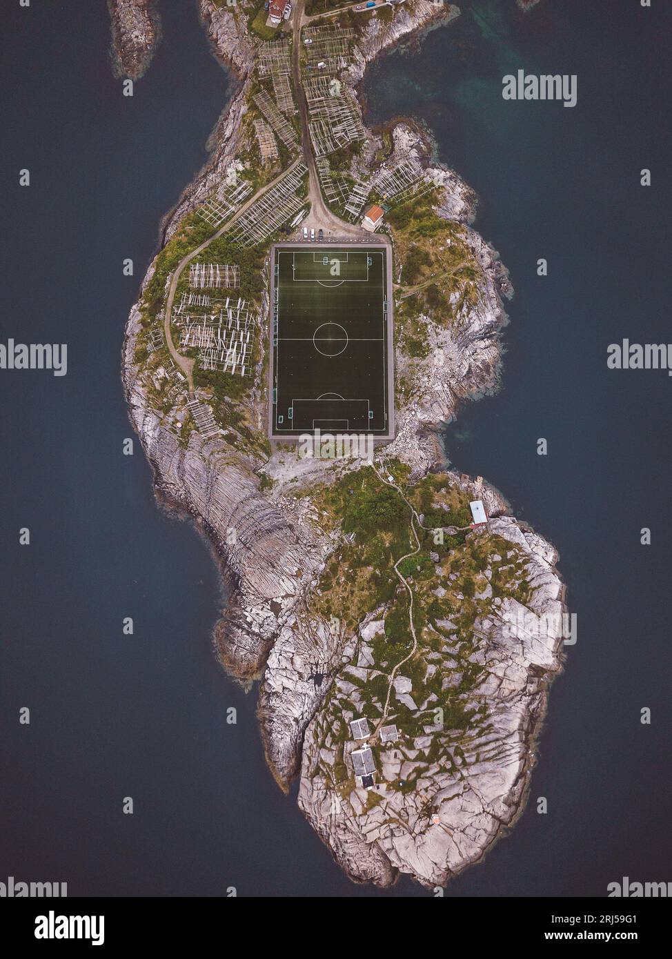 Aerial top view of a soccer field located in an island Stock Photo - Alamy