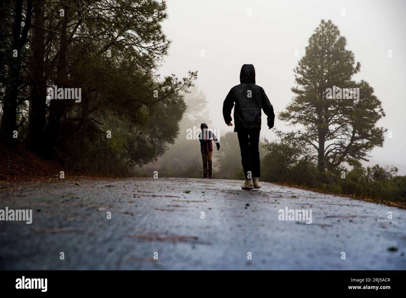 Kids playing on rainy forest path Stock Photo - Alamy