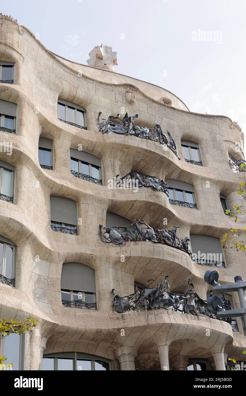 Close-up of the intricate facade of Casa Mila, also known as La Pedrera ...