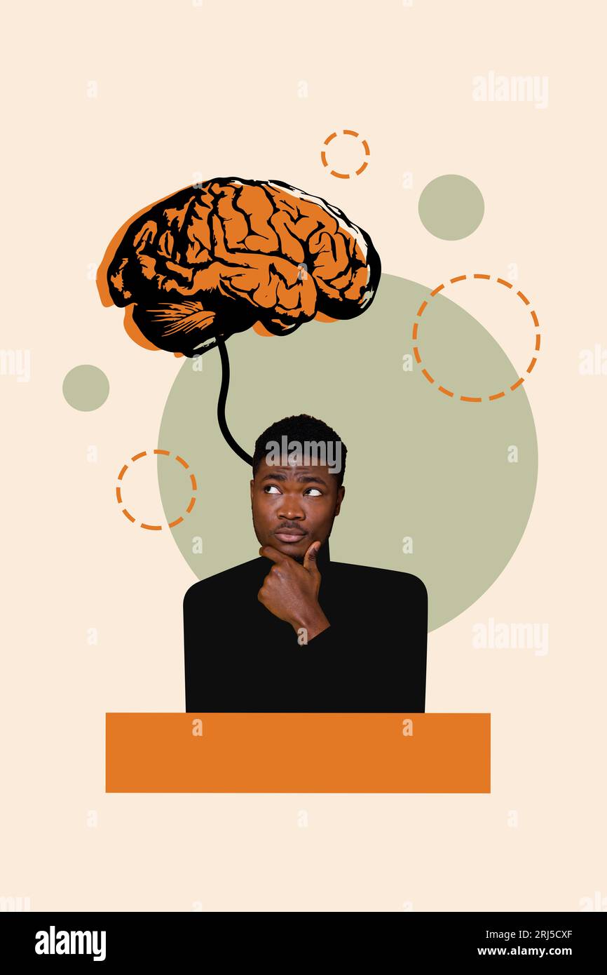 Vertical collage image of minded guy arm touch chin brainstorming huge ...