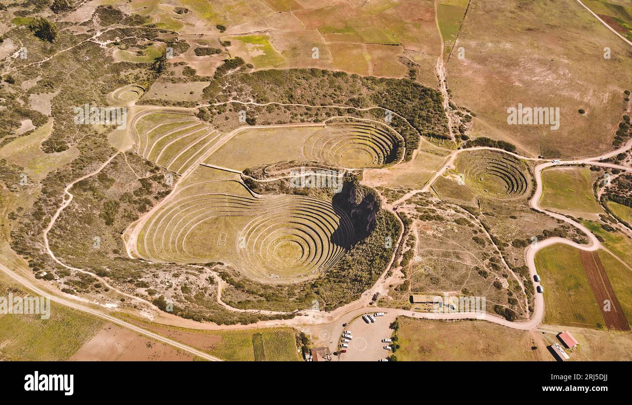 Aerial view of Moray Archeological site. Inca ruins of several terraced ...