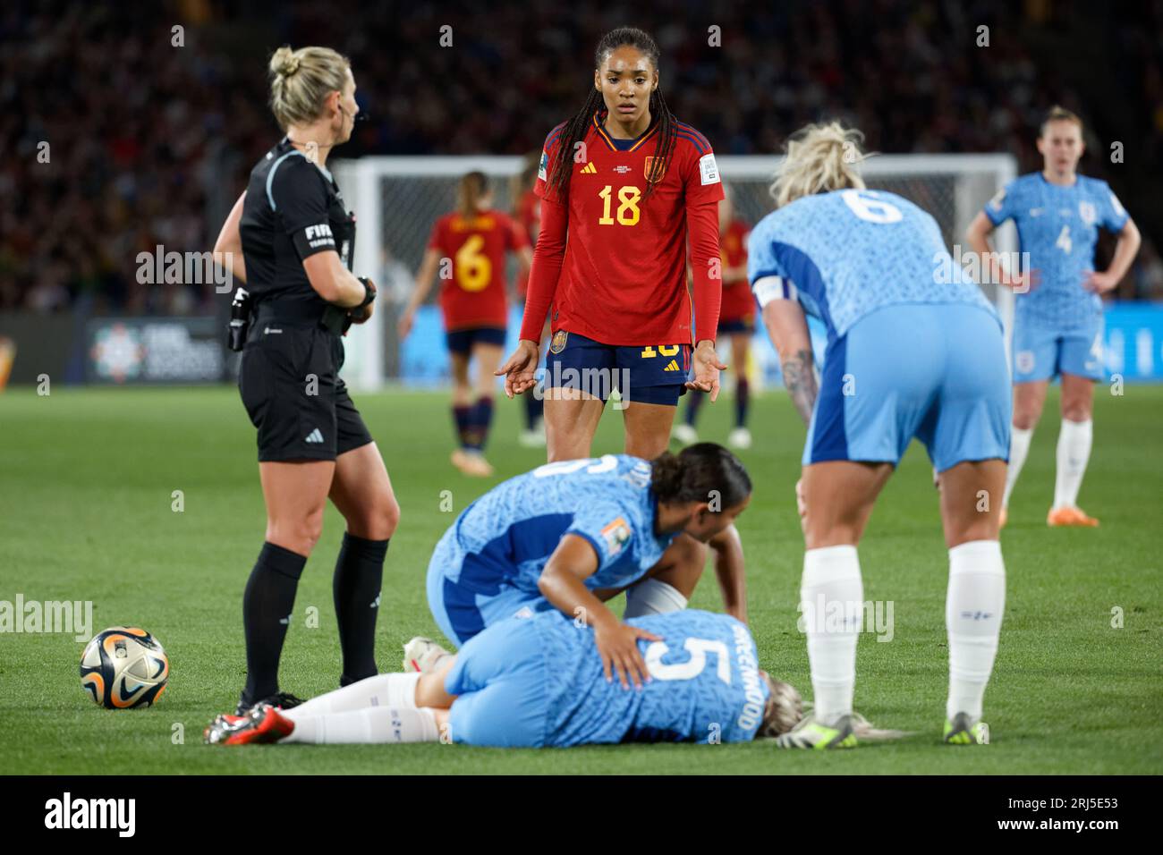 Sydney, Australia. 20th Aug, 2023. Alex Greenwood of England is injured after colliding with ...