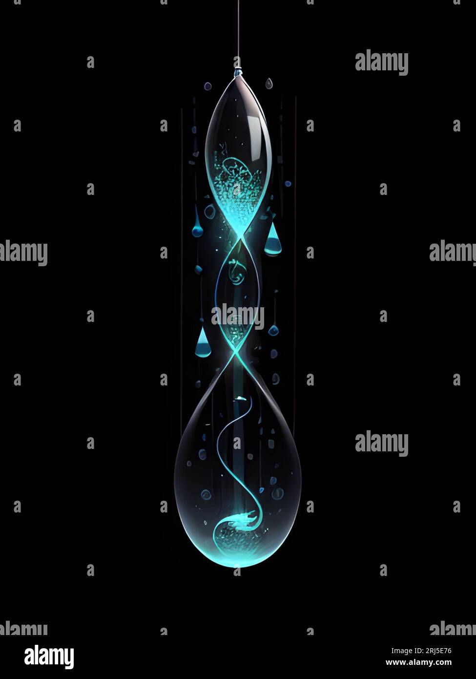 A black background features an hourglass with symbols of time inside ...