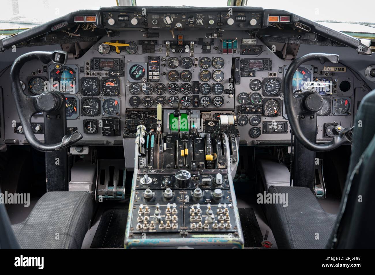 A closeup of the cockpit and of a commercial aircraft Douglas DC-9 ...