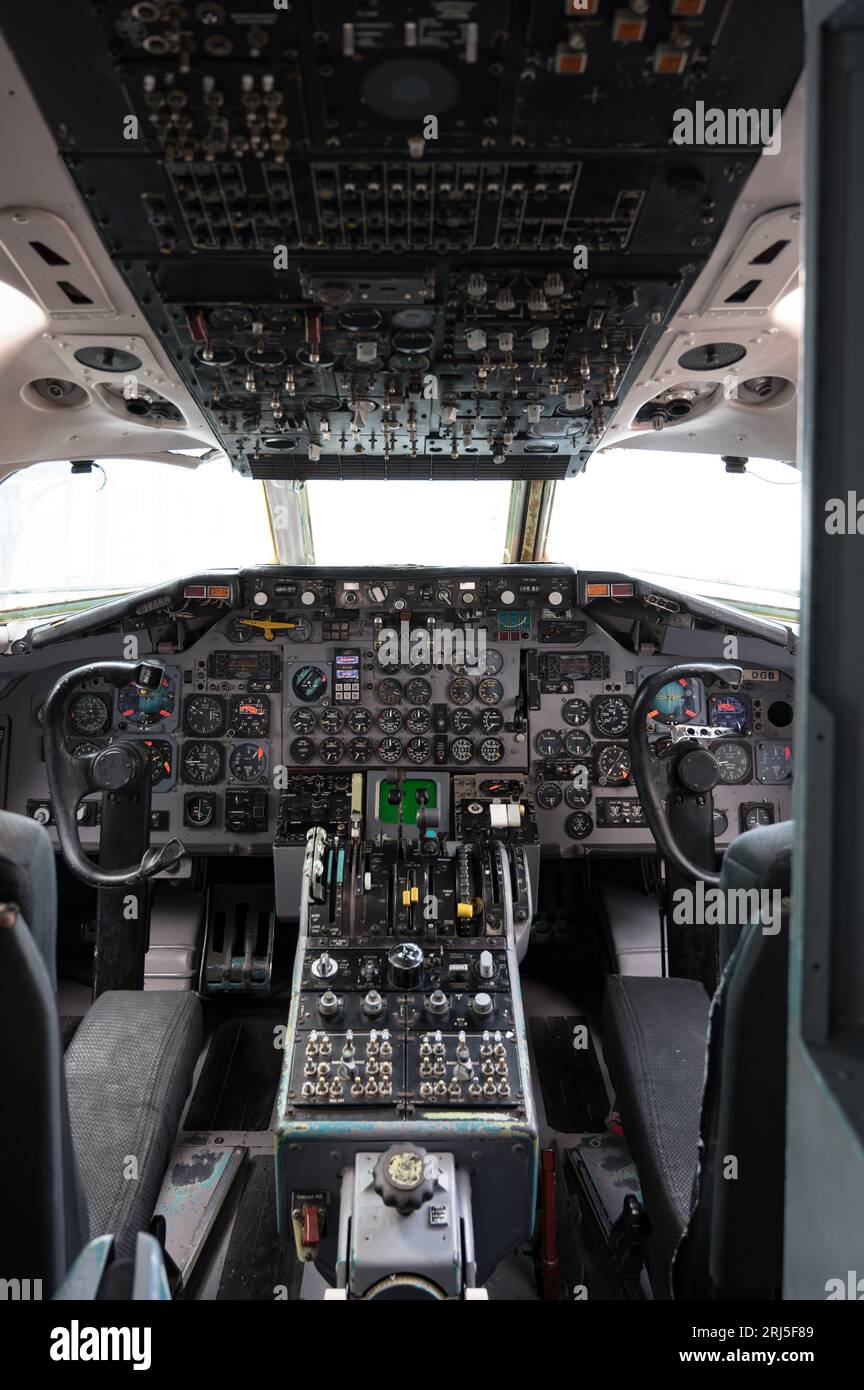 A closeup of the cockpit and of a commercial aircraft Douglas DC-9 ...