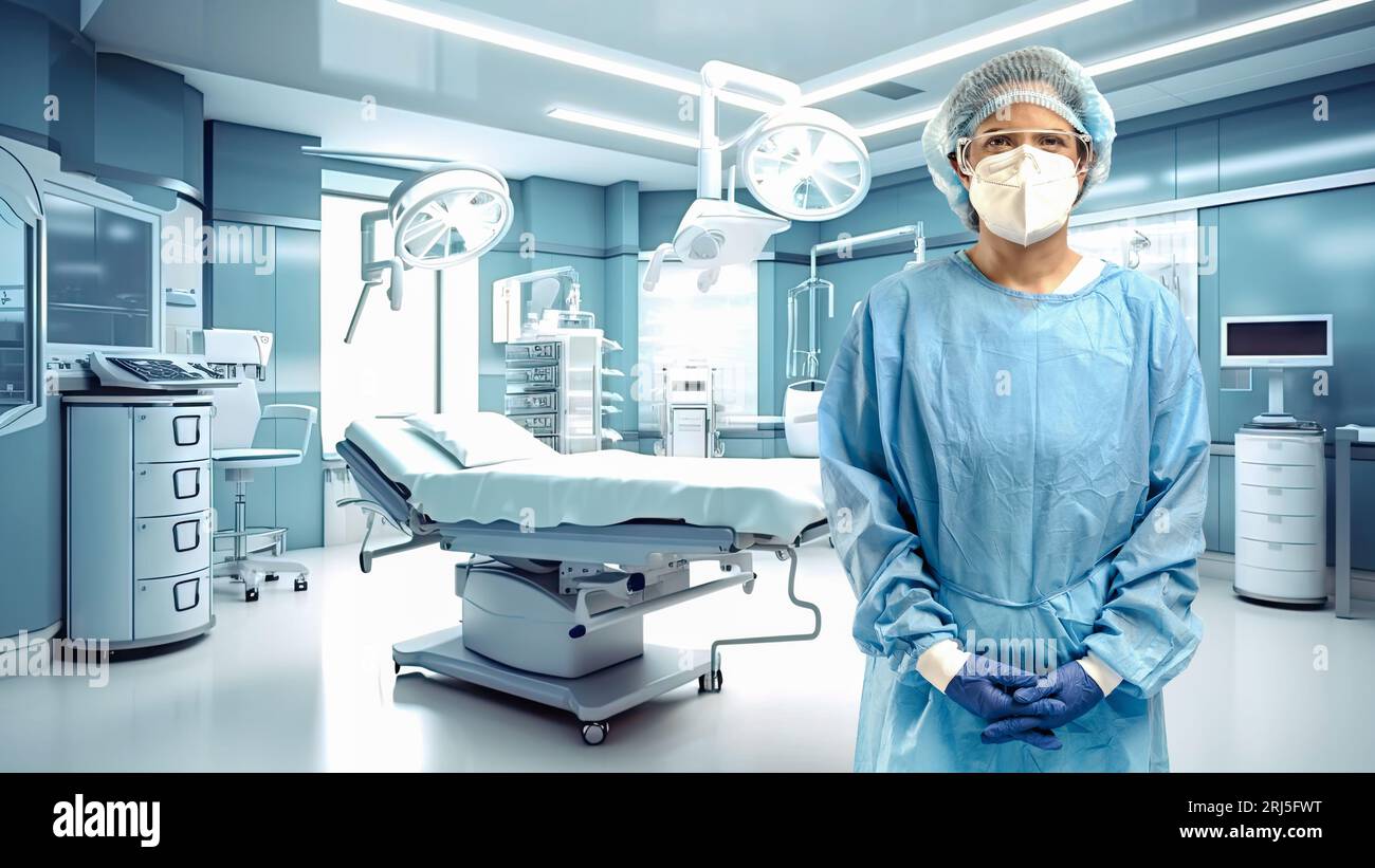 A female surgery doctor wearing a lab coat and protective goggles ...