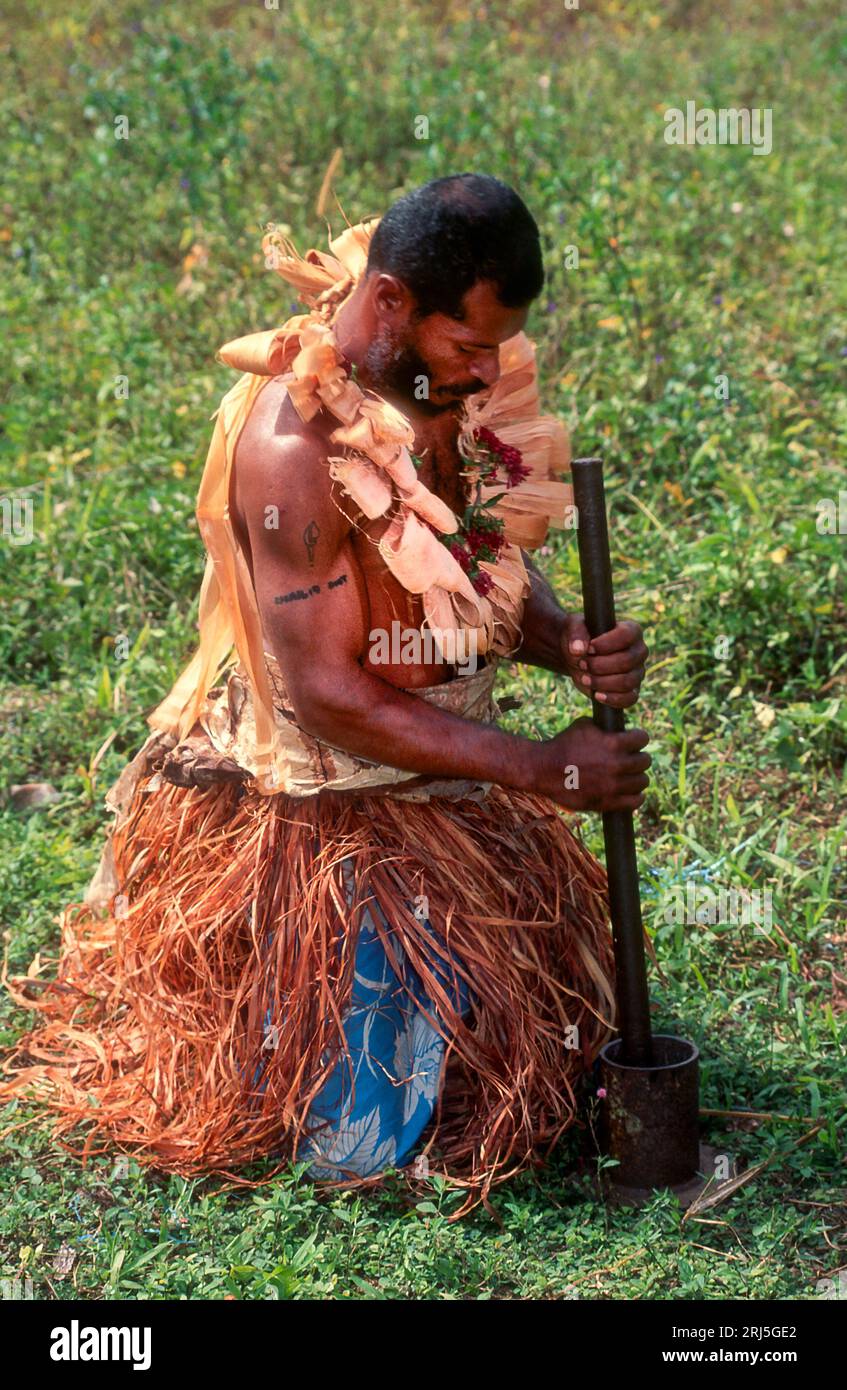 Crushing and preparing kava in a remote village in Viti Levu, Fiji ...