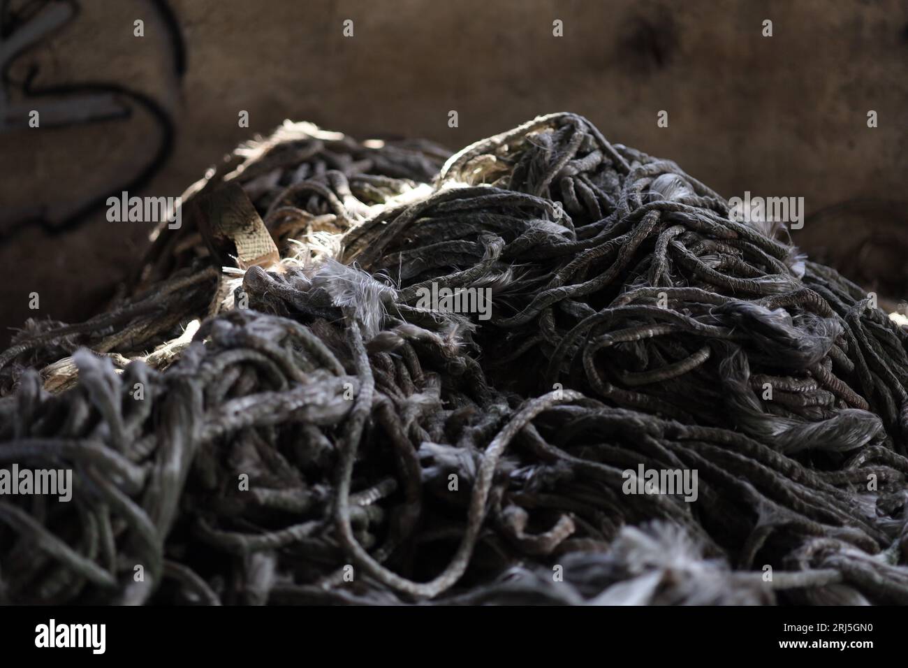 A closeup of a pile of old, gray ropes, twisted together in a complex ...