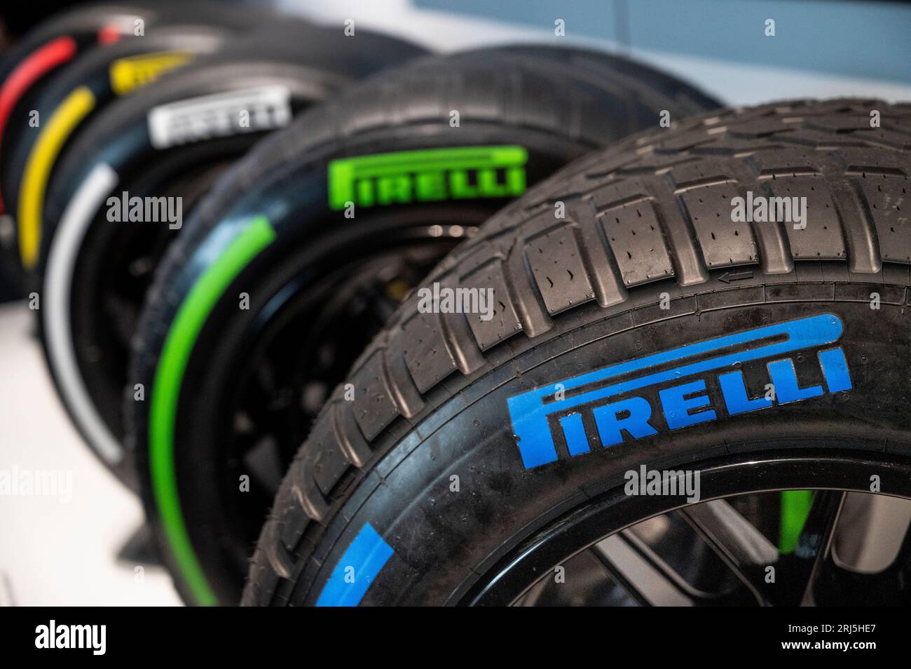Madrid, Spain. 19th Aug, 2023. Different kinds of Pirelli F1 racing ...