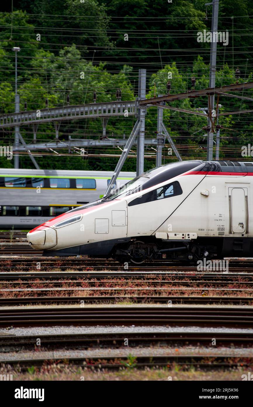 A vertical view of a high-speed bullet train traveling along the train ...